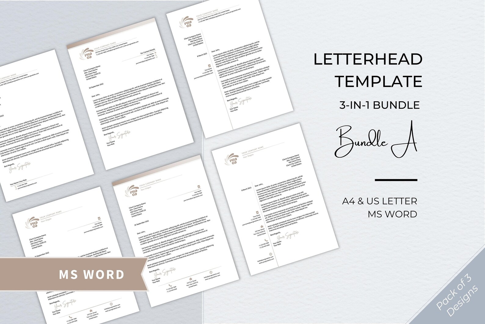 Letterhead Word Template Bundle, Modern Editable Business Letterhead ...