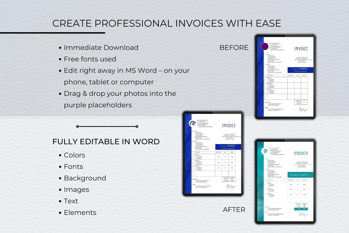Invoice Word Template Bundle Editable Custom Receipt Sales - Etsy