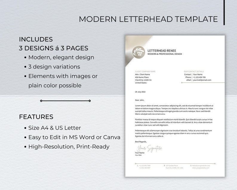 Letterhead Word & Canva Template Bundle, Modern Editable Business ...