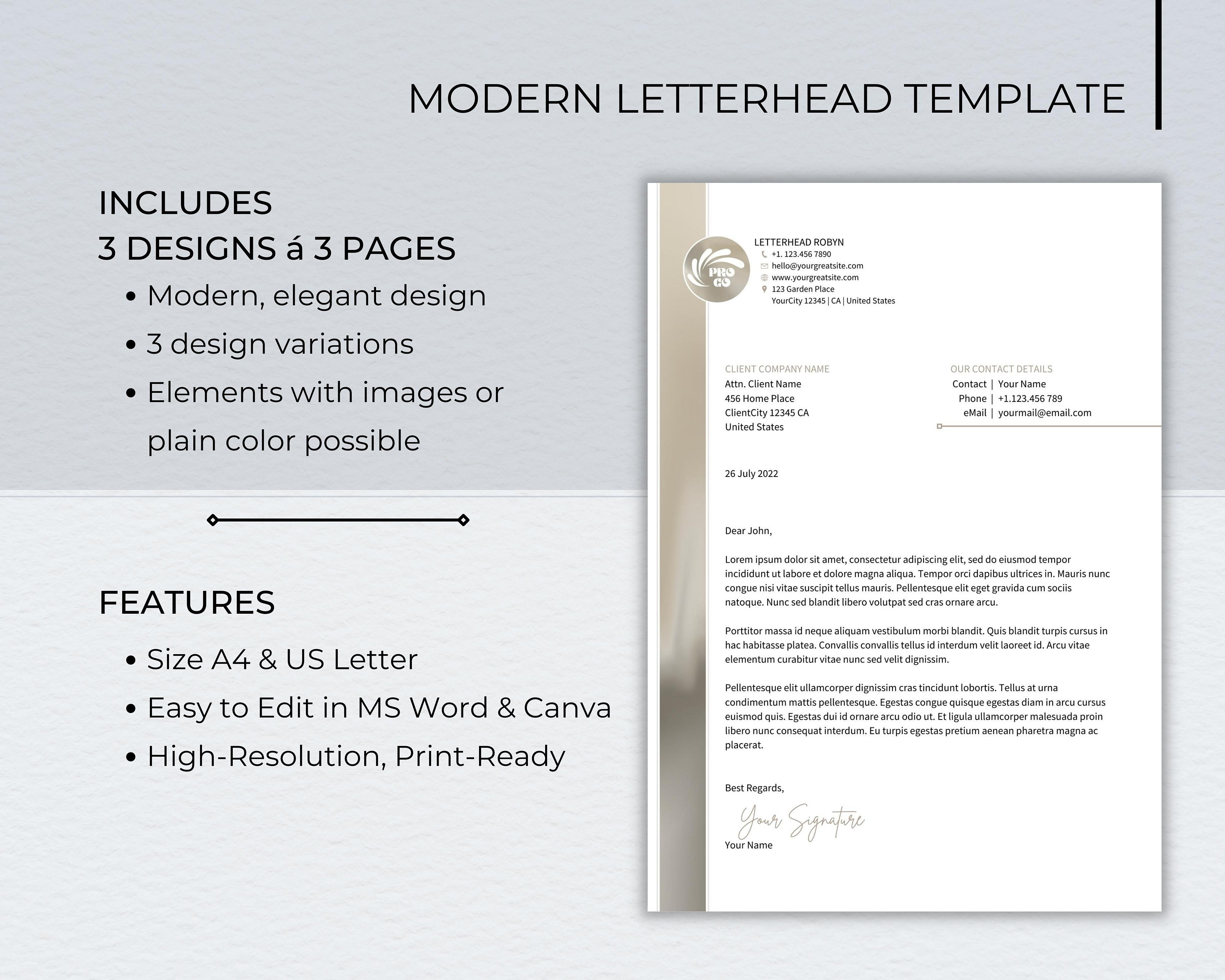 Letterhead Canva & Word Template Bundle, Modern Editable Business ...