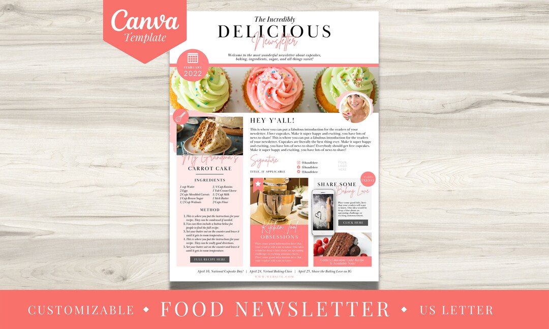 Food and Recipe Blog Newsletter Canva Template | Editable Recipe Letter ...