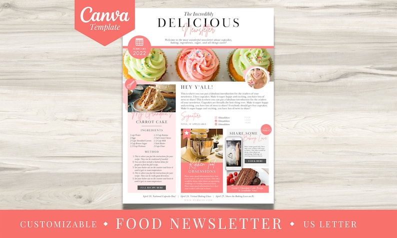 Food and Recipe Blog Newsletter Canva Template | Editable Recipe Letter ...