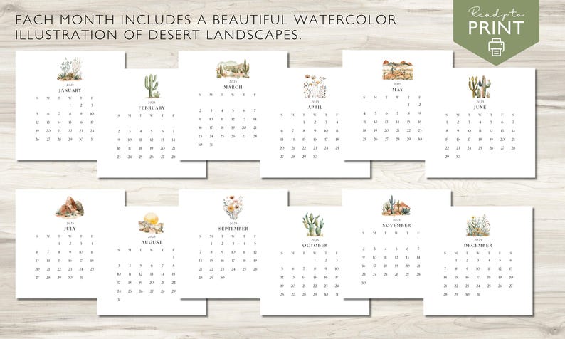 Printable Tabletop Calendar Desert Cactus | Digital 2025 Mini Calendar ...