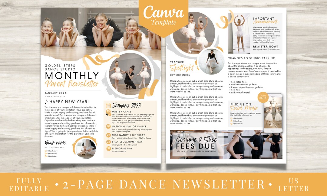 Gold Dance Newsletter Editable Canva Template | Ballet School Email ...