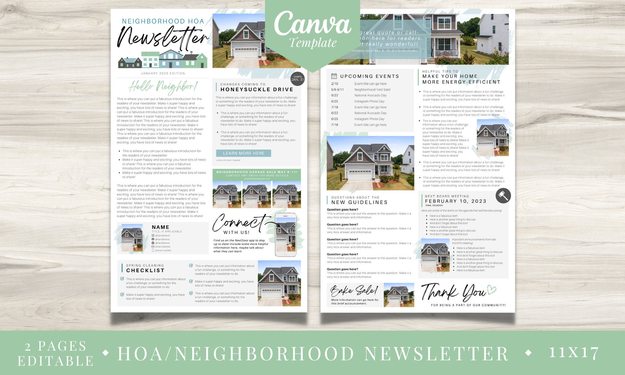 11x17 HOA Neighborhood Newsletter Canva Template | Blue and Green ...