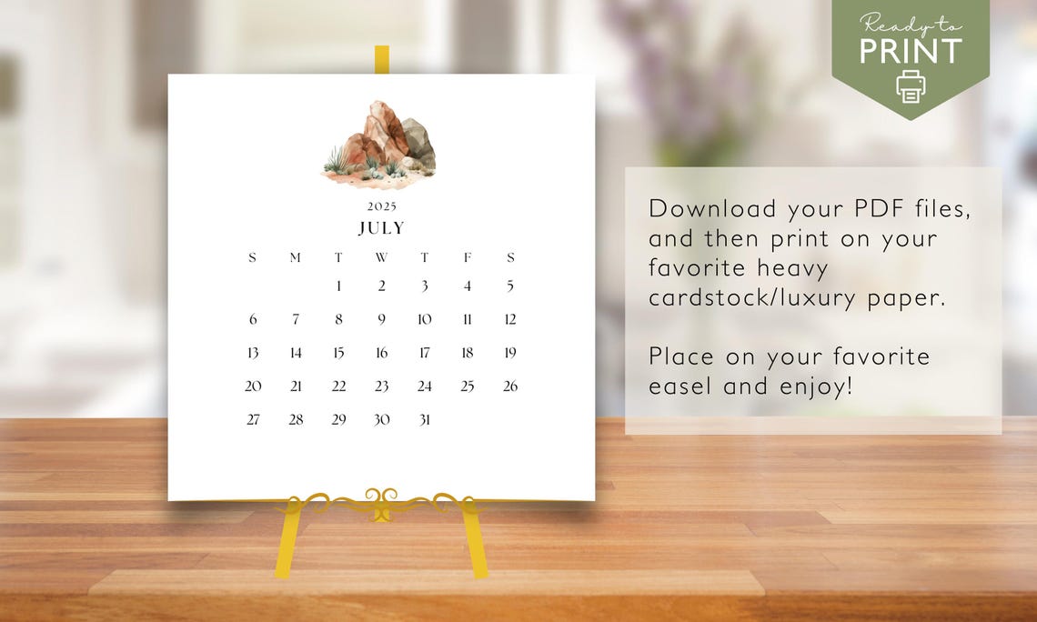 Printable Tabletop Calendar Desert Cactus | Digital 2025 Mini Calendar ...