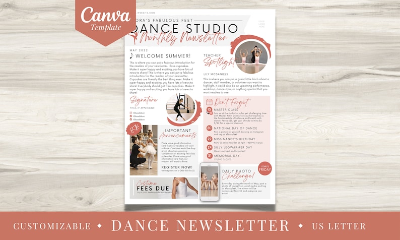 Dance Studio Newsletter Template: Editable Dusty Rose Eblast (canva) - Etsy