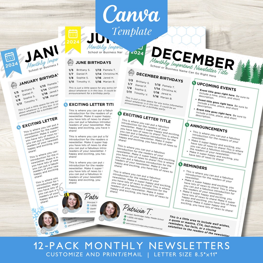 Monthly Calendar Newsletter Canva Template | School Newsletter Design ...
