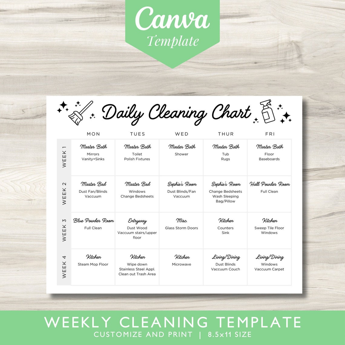 Chore Chart Digital Template Printable Letter Size | Simple Household ...