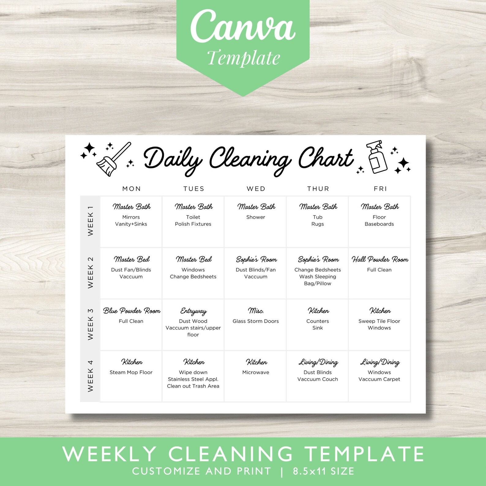 Printable Chore Chart Template: Weekly Cleaning Planner (8.5x11) (canva ...