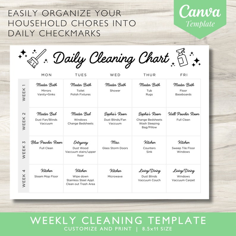 Chore Chart Digital Template Printable Letter Size | Simple Household ...