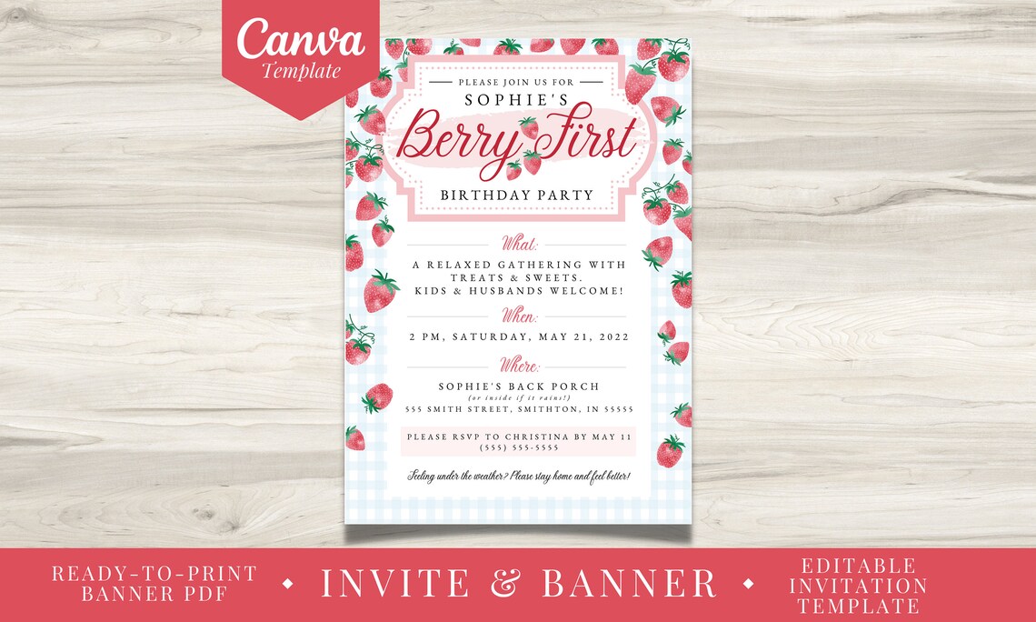Berry First Strawberry Party Invitation and Banner 1-year - Etsy