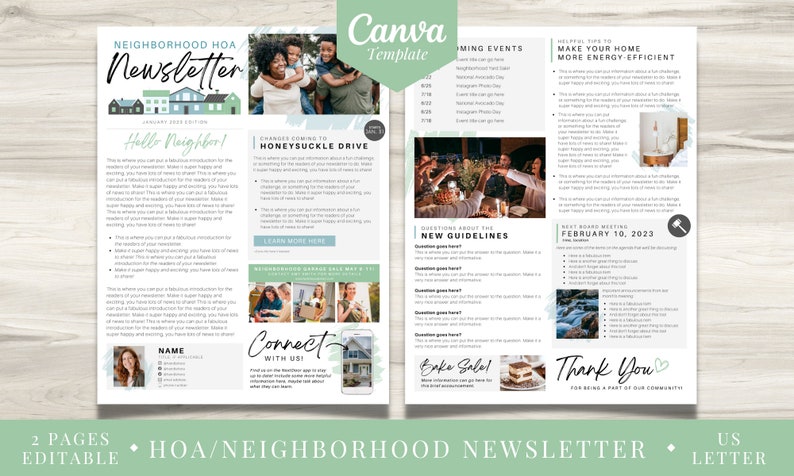 8.5x11 HOA Neighborhood Newsletter Canva Template | Blue and Green ...