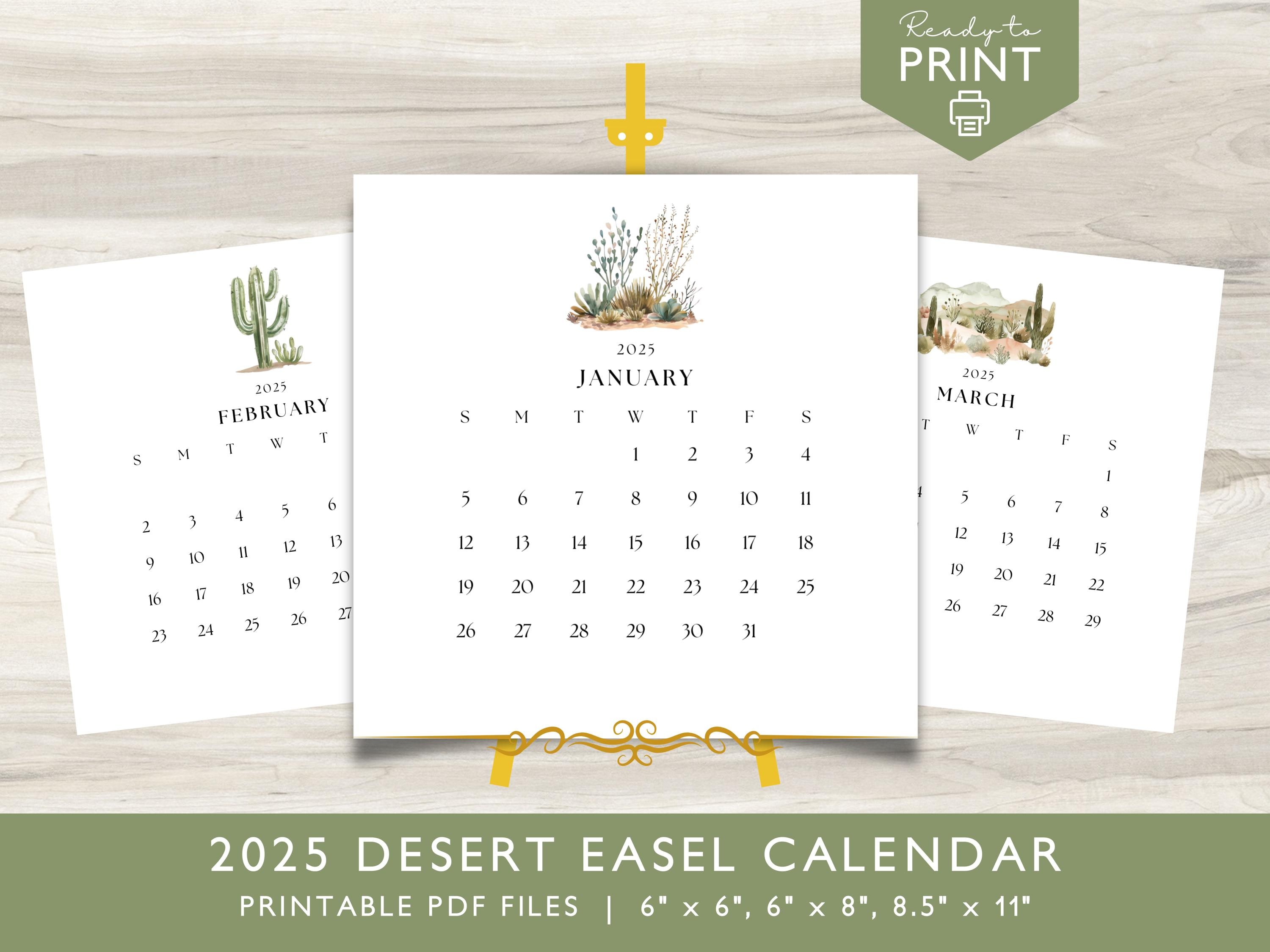Printable Tabletop Calendar Desert Cactus | Digital 2025 Mini Calendar ...