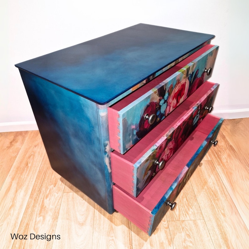 Hand-painted Floral Chest of Drawers: Blue Decoupage Storage - Etsy UK