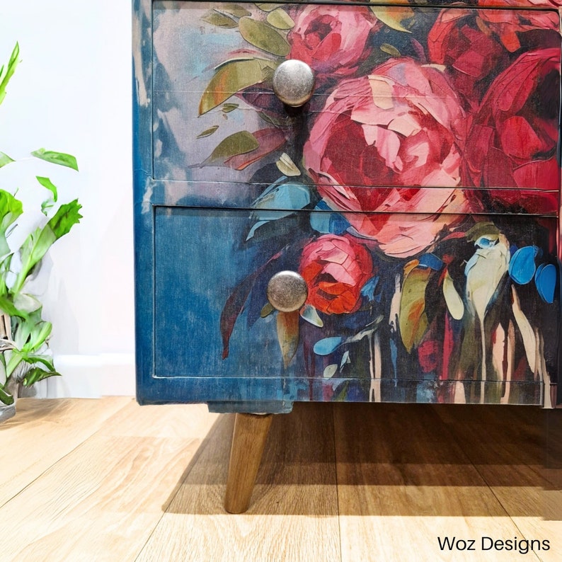 Hand-painted Floral Chest of Drawers: Blue Decoupage Storage - Etsy UK