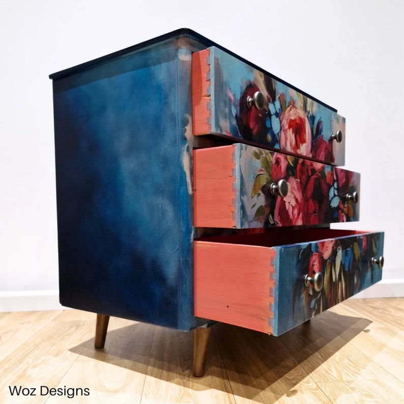 Hand-painted Floral Chest of Drawers: Blue Decoupage Storage - Etsy UK