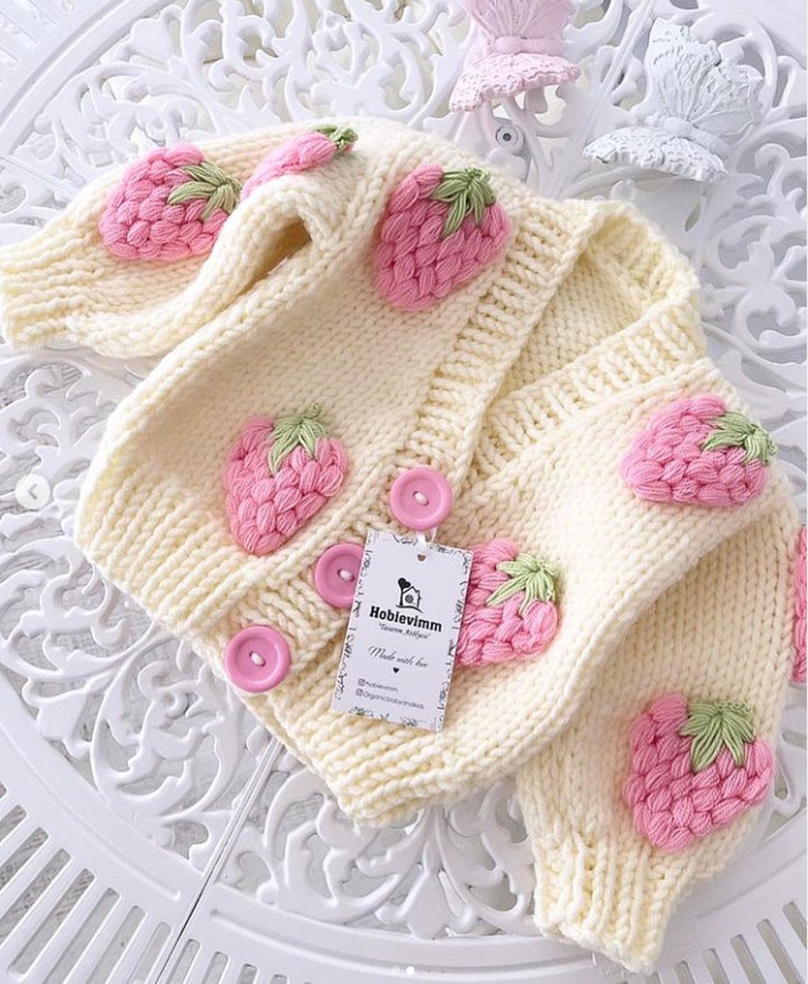 Handmade Strawberry Knit Baby Cardigan: Organic Cotton Sweater Jacket ...