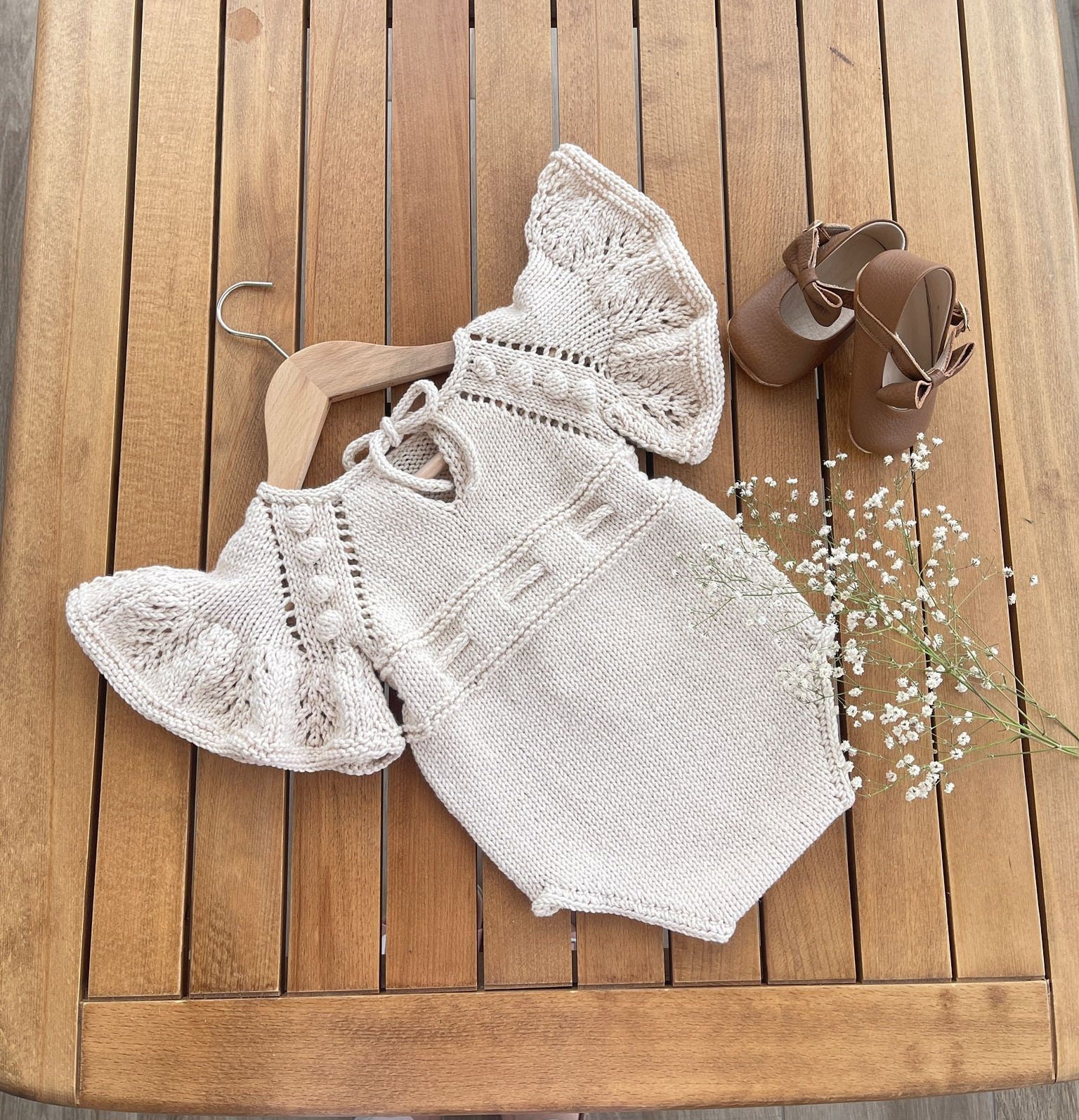 Knit Baby Girl Overalls: Handmade Beige Cotton Jumpsuit - Etsy