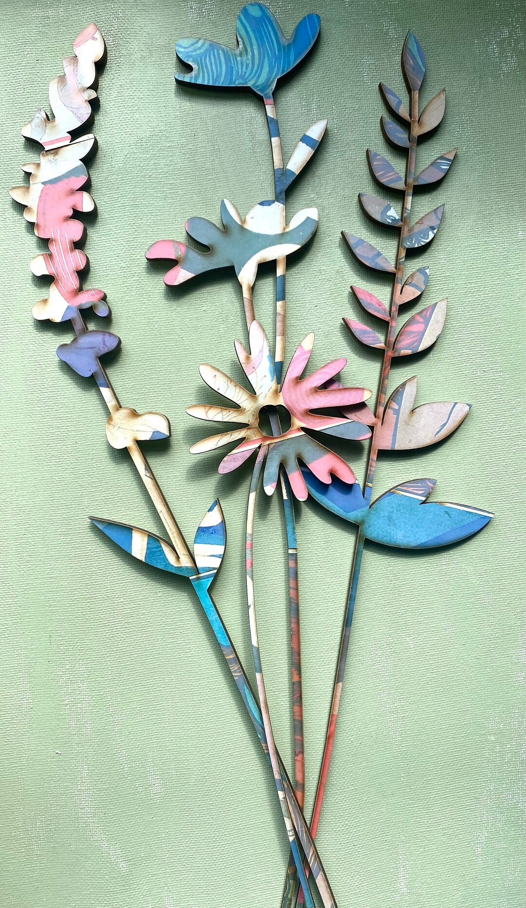 Set of 4 Wood Wild Flowers, Wood Flower Bouquet, Wild Flower Bunch ...