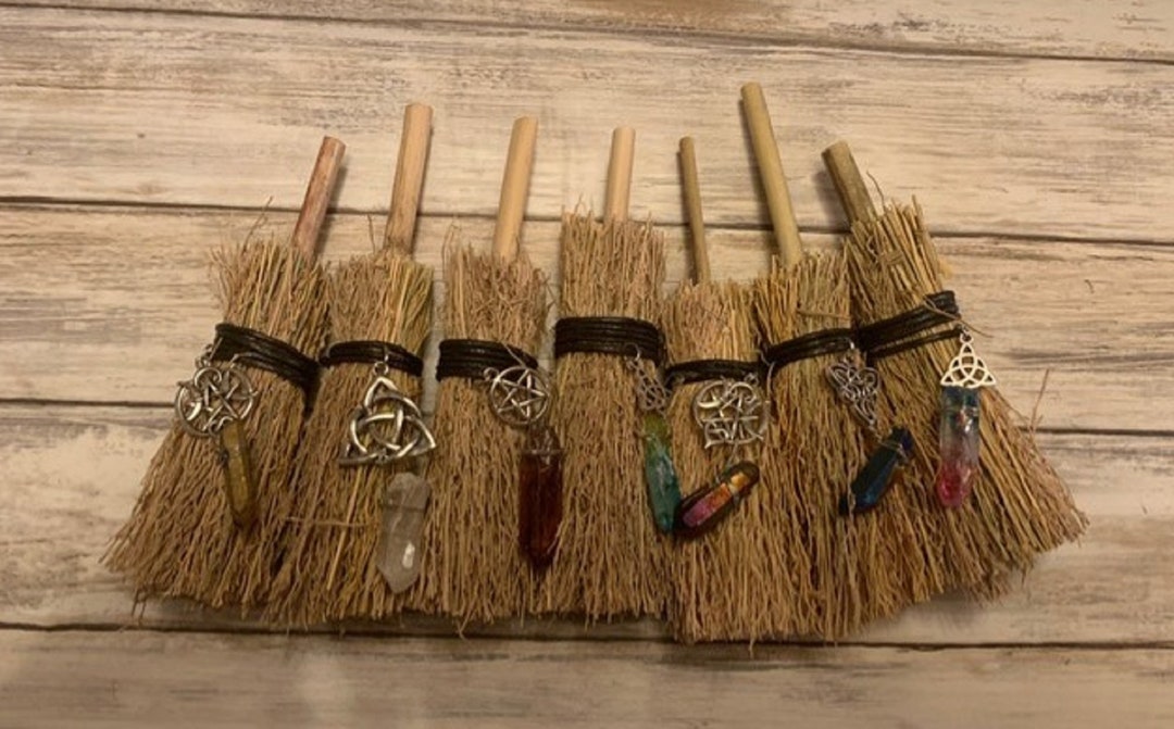 Unique Mini Witches Broom With Charm and Aura Quartz Crystal Broomstick ...