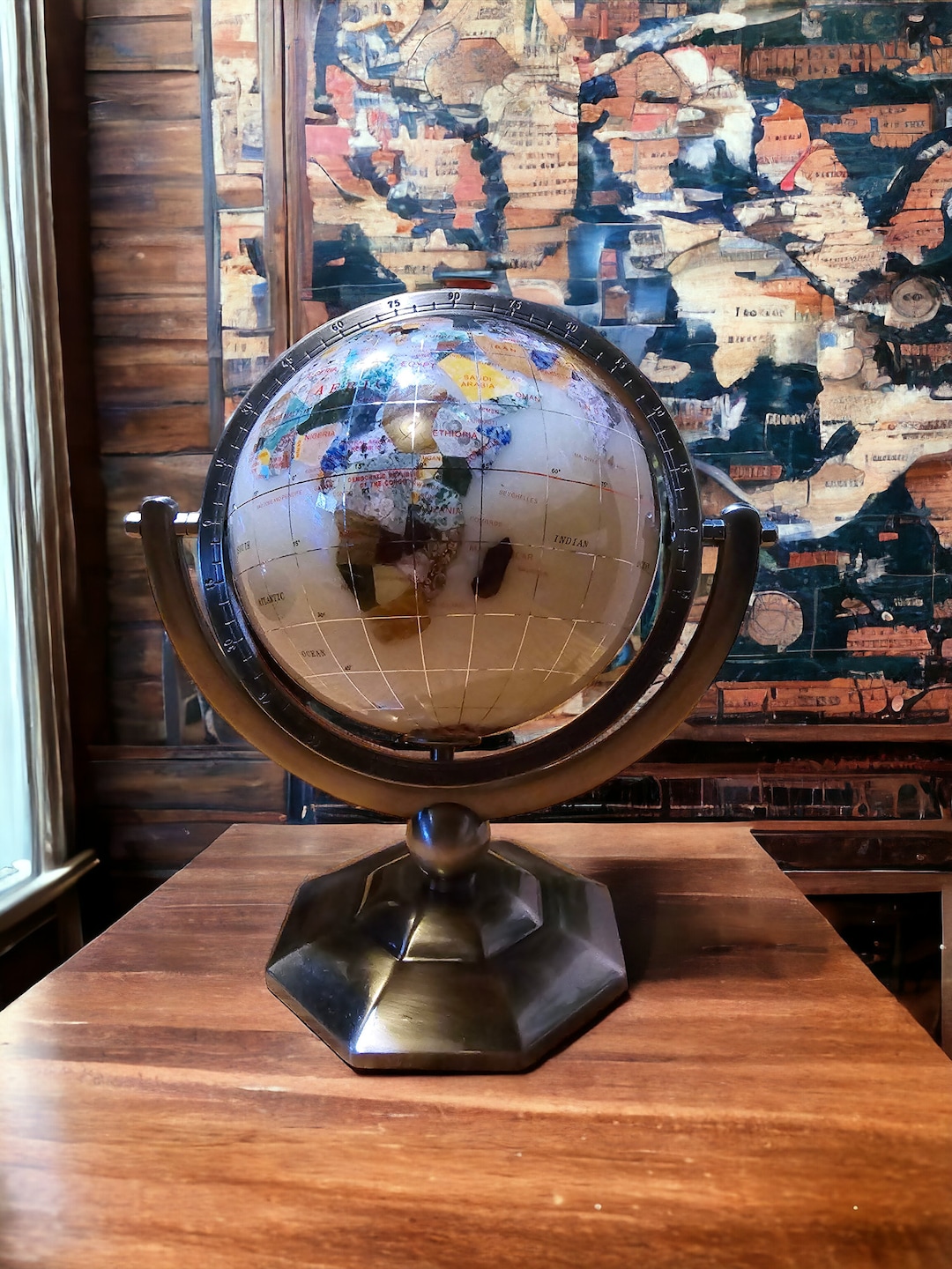 World Globe Vintage , Semi Precious Stones and Mineral Inlay Compass ...