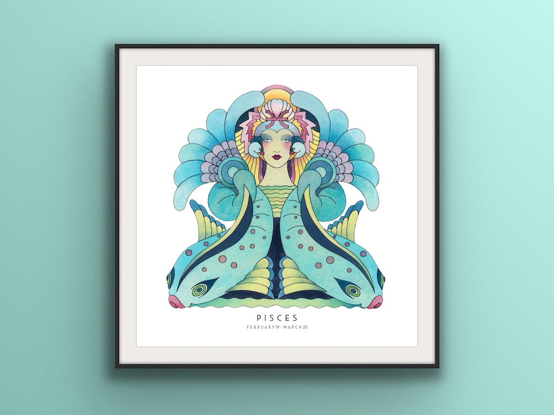 Art Deco Pisces Poster, Pisces Wall Art, Zodiac Print, Unique Hand ...