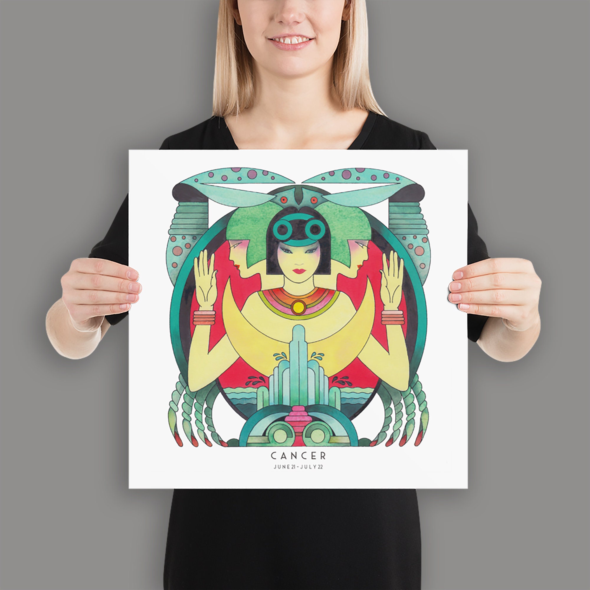 Art Deco Cancer Poster, Cancer Wall Art, Zodiac Print, Unique Hand ...