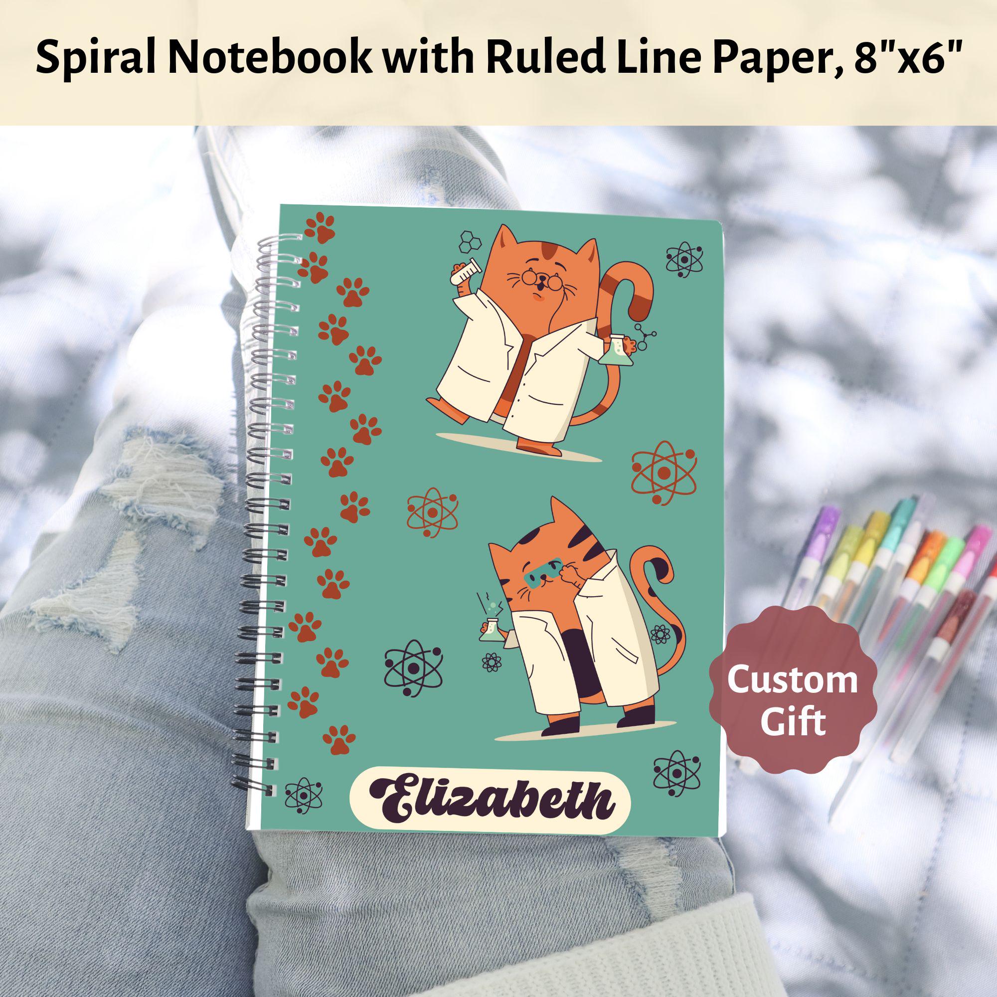 Custom Name Spiral Notebook Cute Scientist Cat Stationery Lab Notes ...