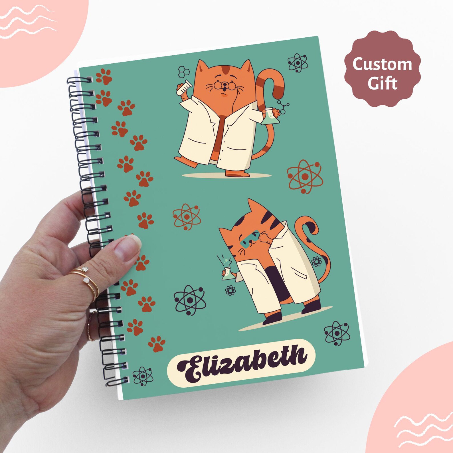 Custom Name Spiral Notebook Cute Scientist Cat Stationery Lab Notes ...