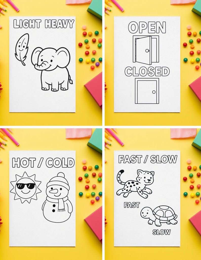 Opposites Coloring Pages for Kids | Printable Preschool Learning | Day ...