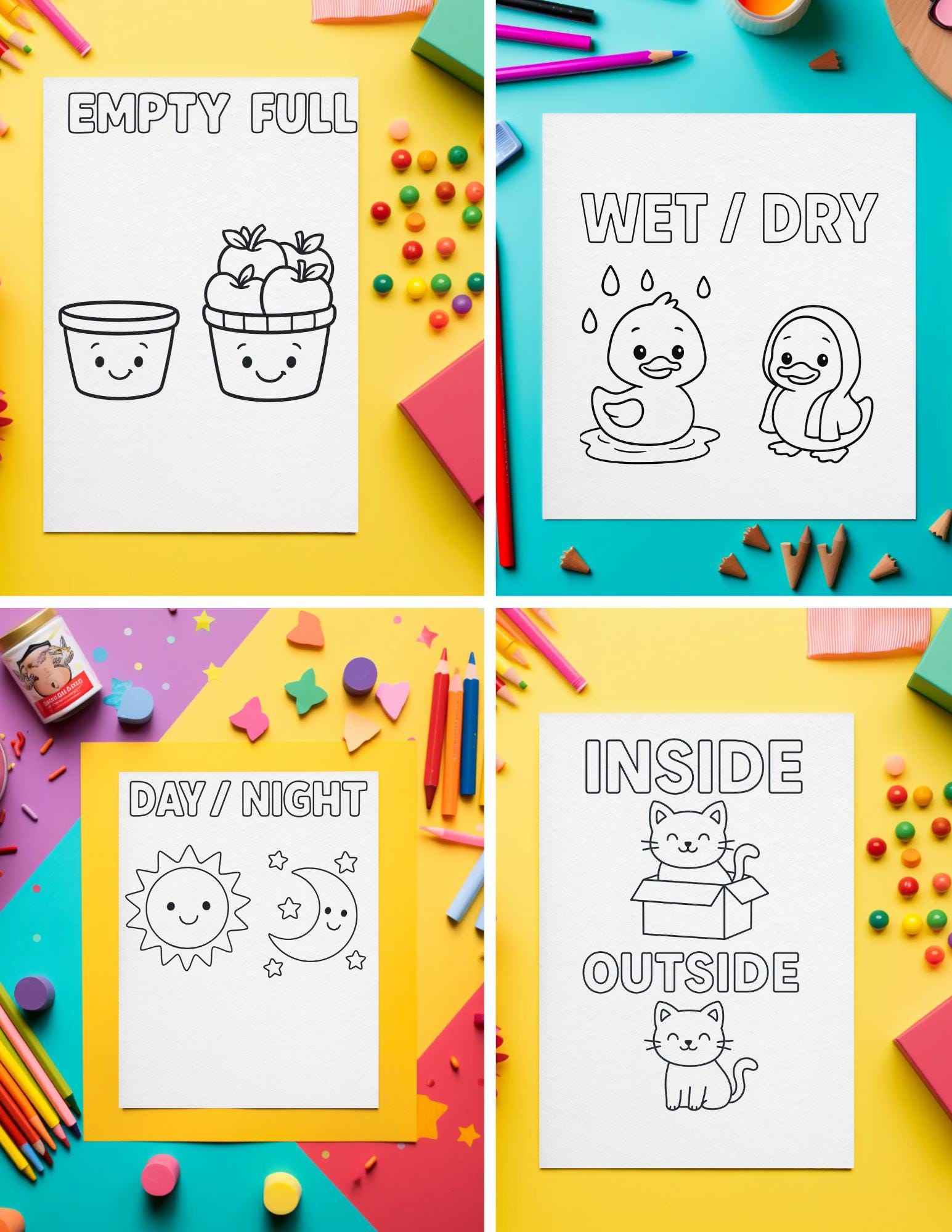 Opposites Coloring Pages for Kids | Printable Preschool Learning | Day and Night, Empty & Full ...