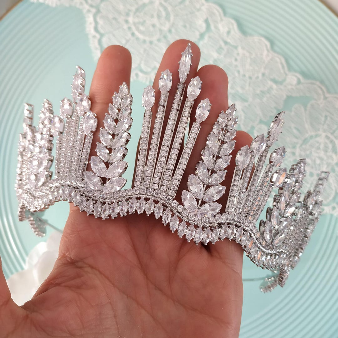 Art Deco Princess Bridal Tiara Diamond Royal Wedding Crown Cubic ...