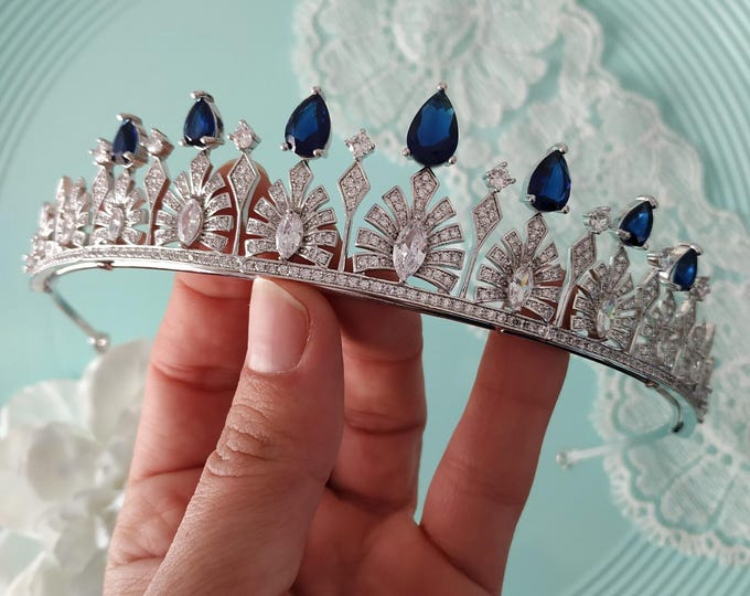 Art Deco Something Blue Bridal Tiara, Sapphire Blue Retro Wedding Tiara ...