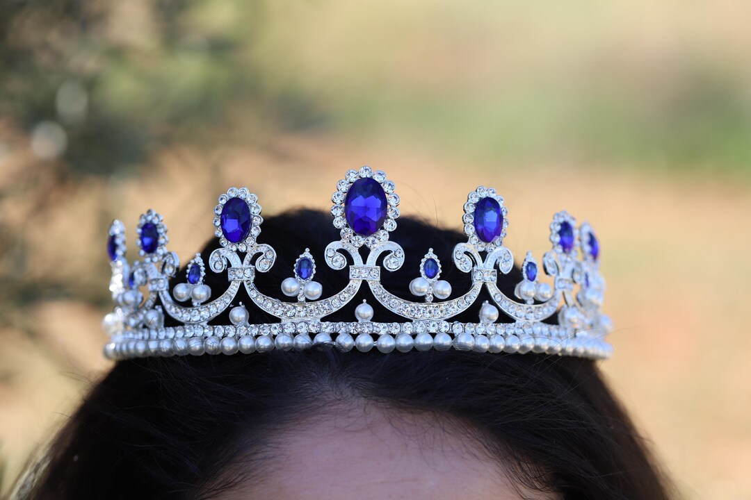 Blue Princess Bridal Tiara Large Pearl Wedding Crown Baroque Vintage ...