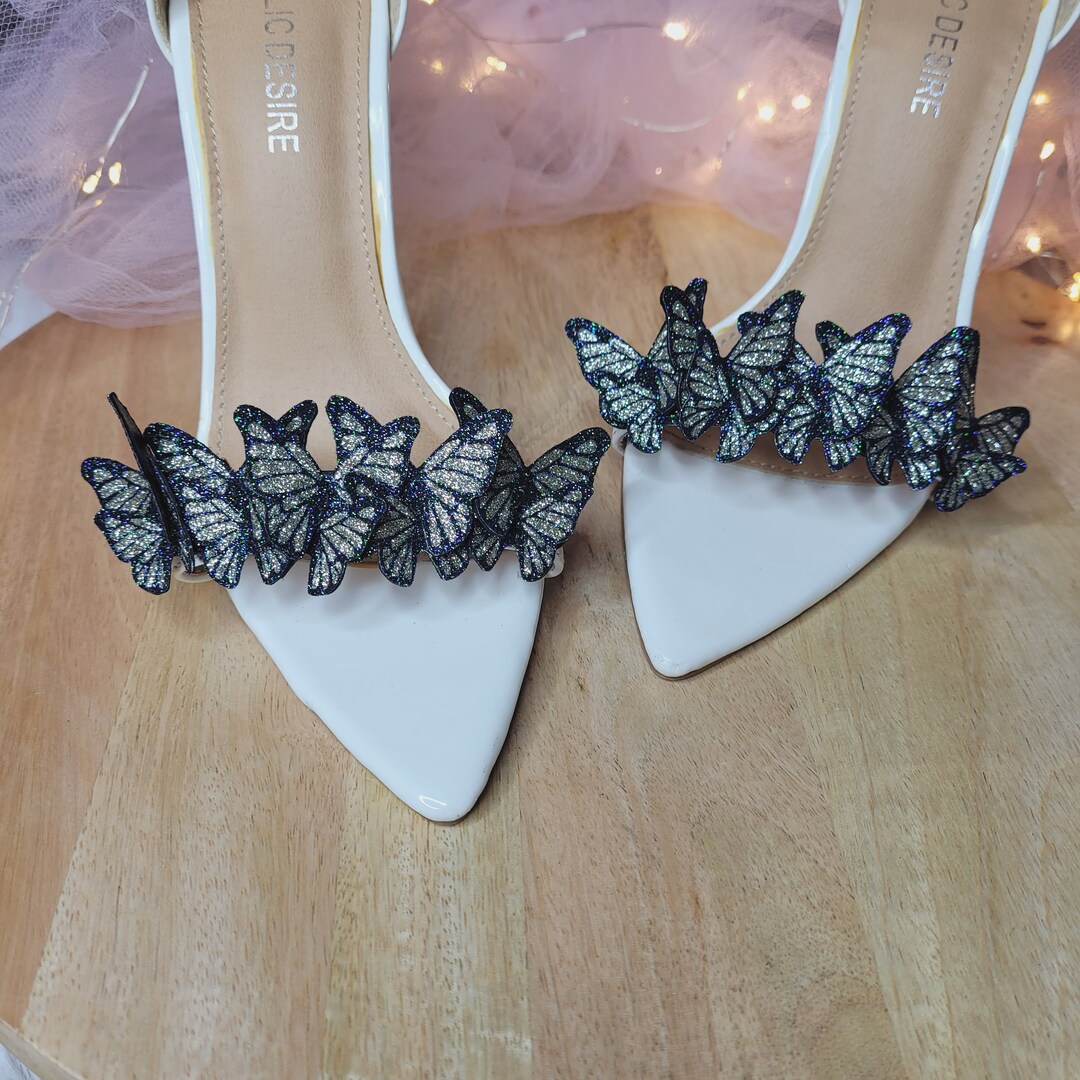 Butterfly Garland Shoe Clips, Black and Champagne Gold Glitter ...