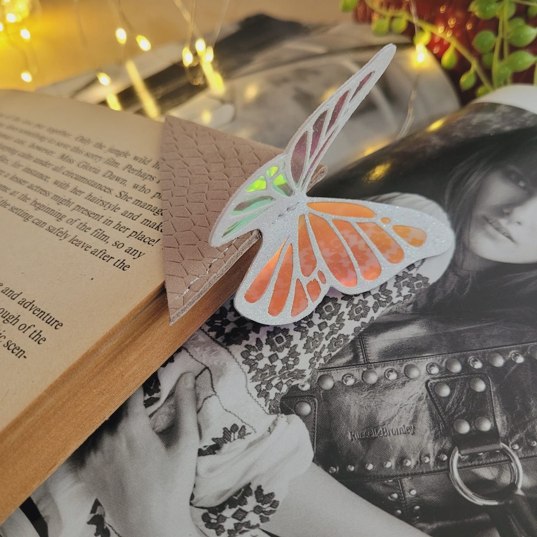 Butterfly Bookmark White Glitter Butterfly Moth Wings, Leather Bookmark ...