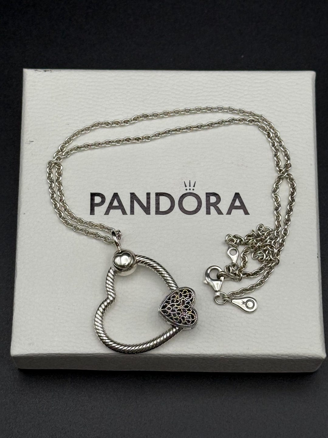 Vintage Pandora Sterling Silver Double Heart Pendant Necklace, 18 ...