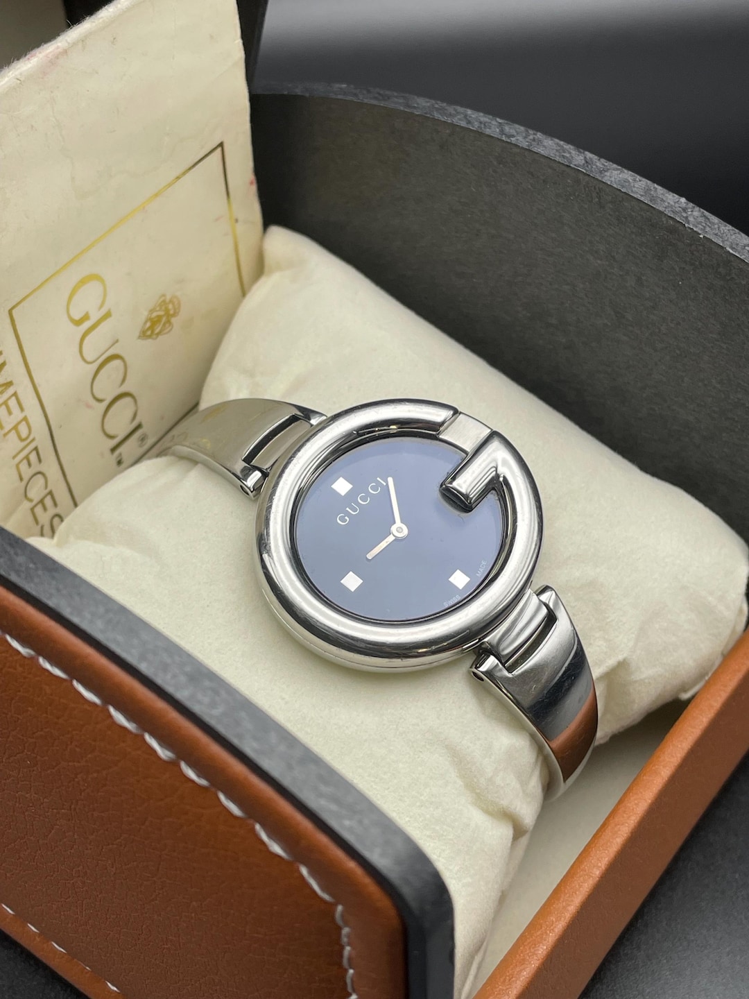 Vintage Gucci Guccissima Stainless Steel Bangle Watch, Black G Logo ...