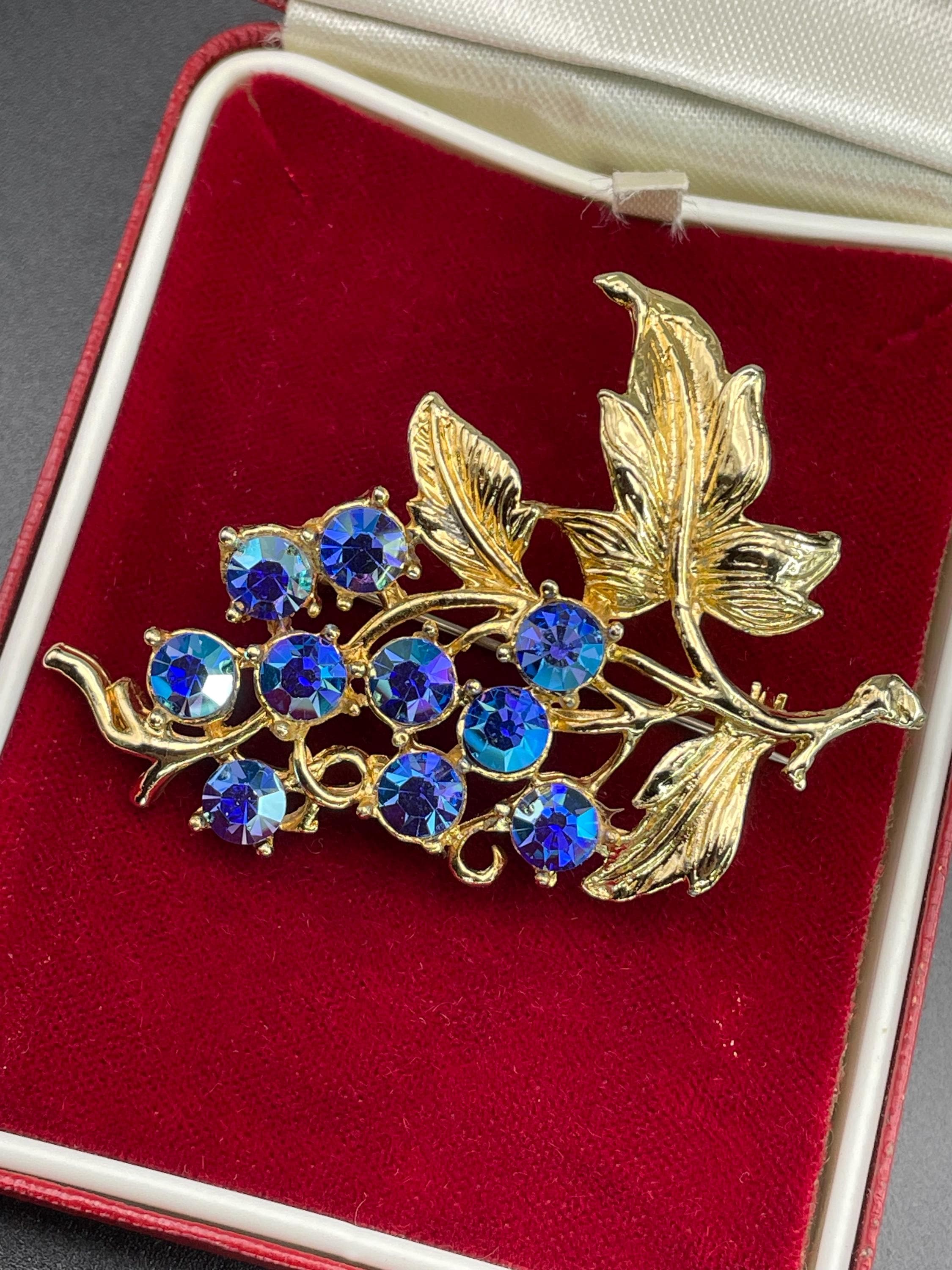 Vintage Blue Aurora Borealis Rhinestone Brooch, Gold Tone Paste Branch ...
