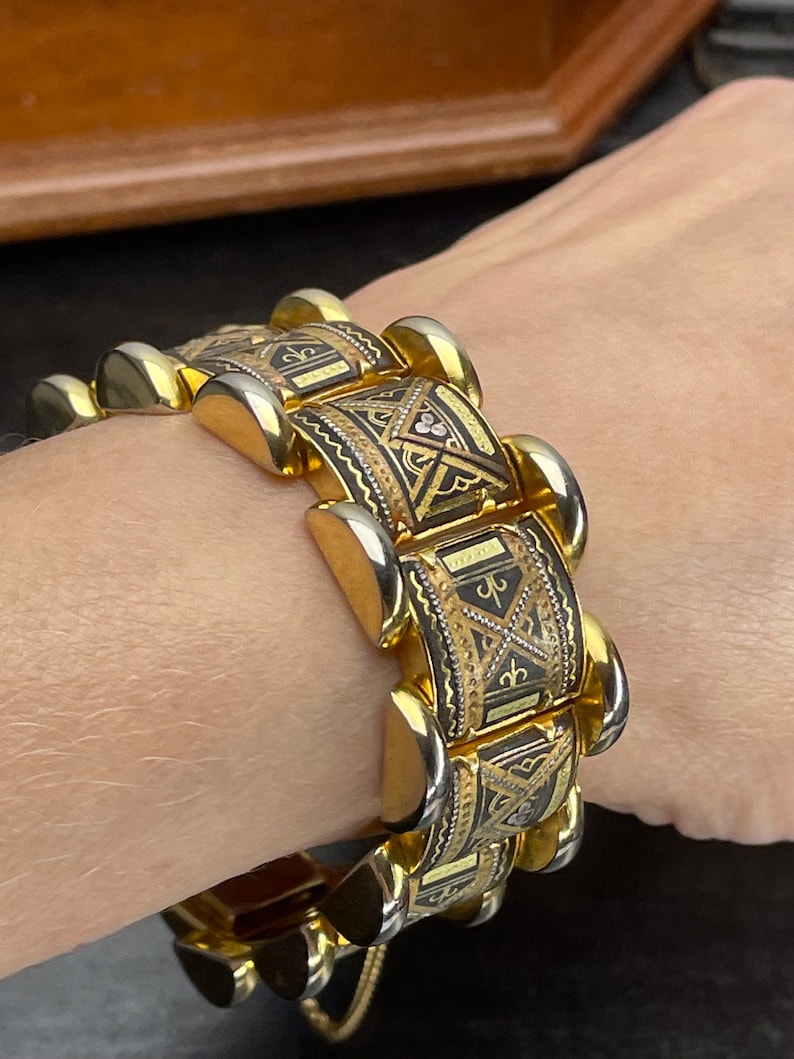 Vintage Damascene Panel Bracelet, Gold Tone Enamel Chain (7.0") - Etsy ...