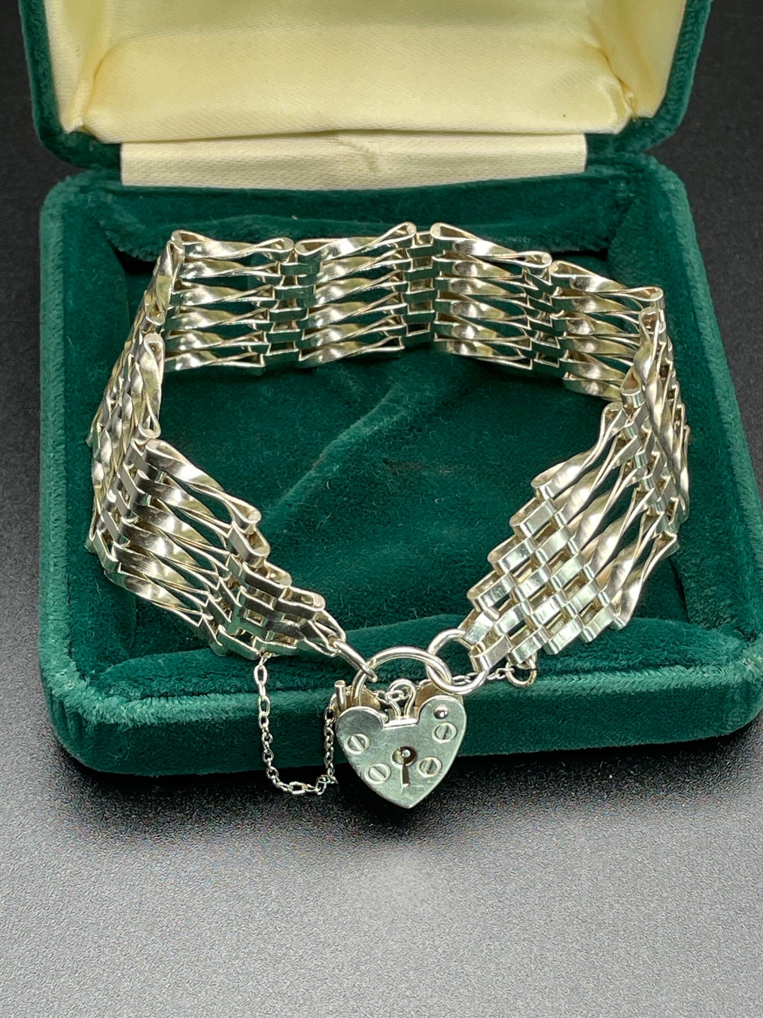 Vintage Silver Gate Padlock Bracelet Women Large 6 Bars Padlock Safety ...