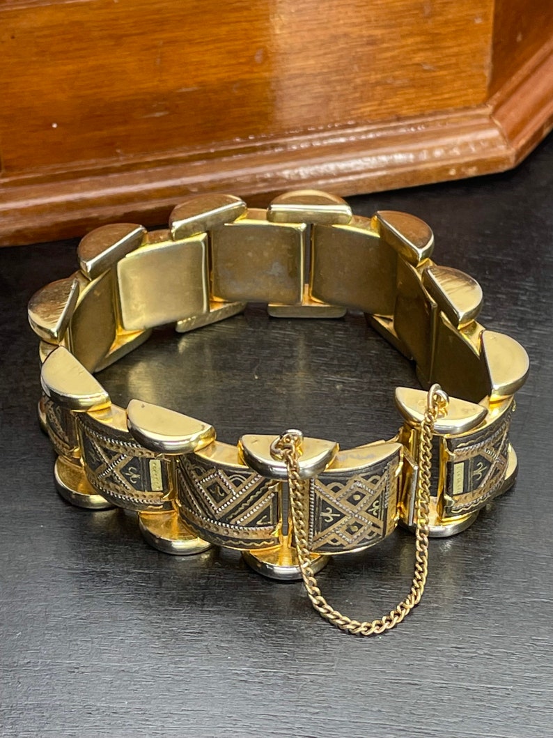 Vintage Damascene Panel Bracelet, Gold Tone Enamel Chain (7.0") - Etsy ...