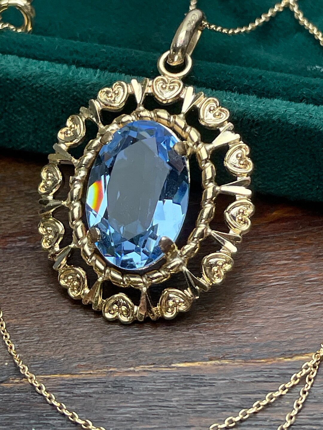 Vintage Rolled Gold Pendant Necklace, Aquamarine Glass, Ornate Design ...