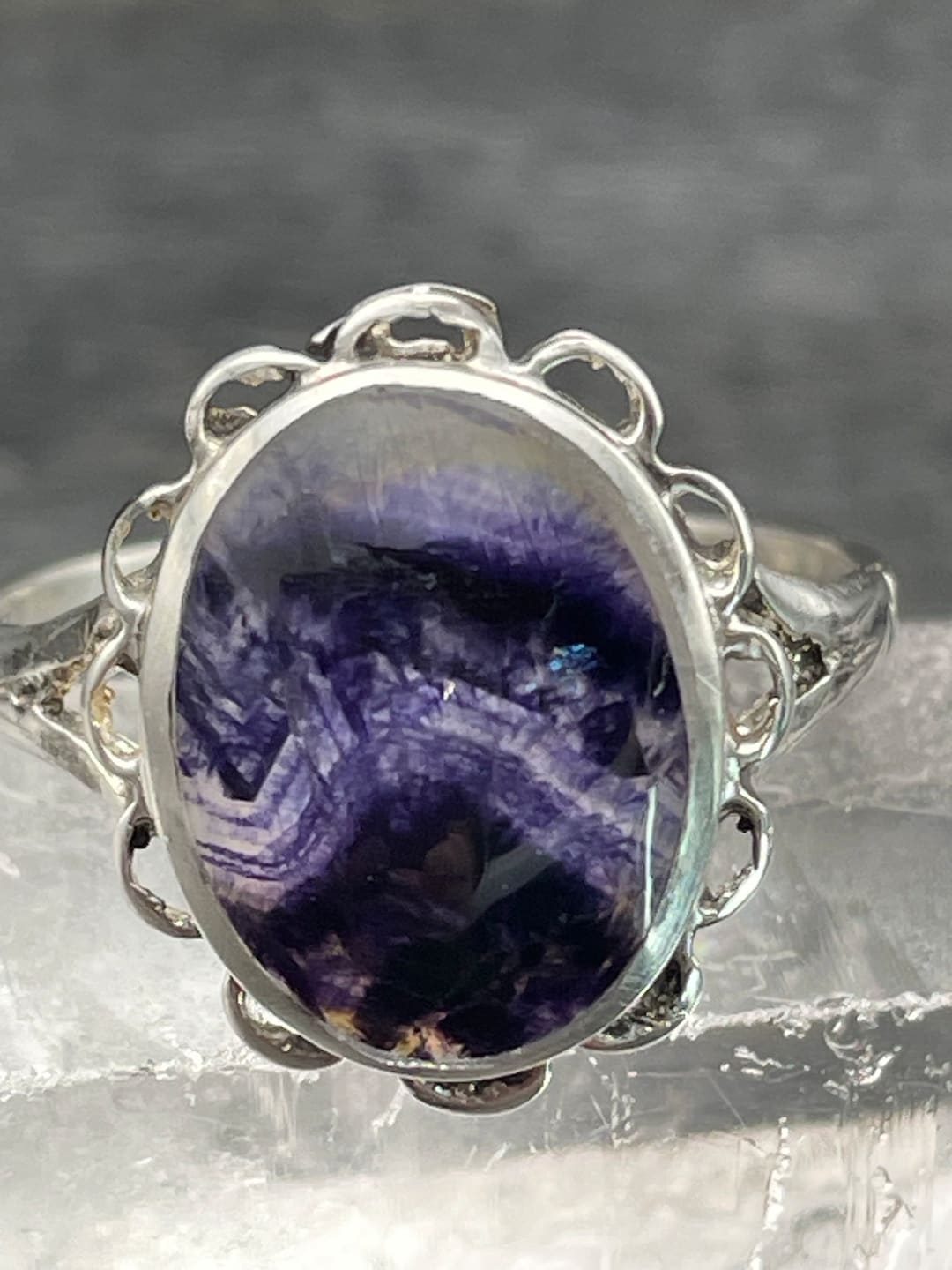 Vintage Modern Blue John Ring Solid Silver Ornate Coctail Rare Gemstone ...
