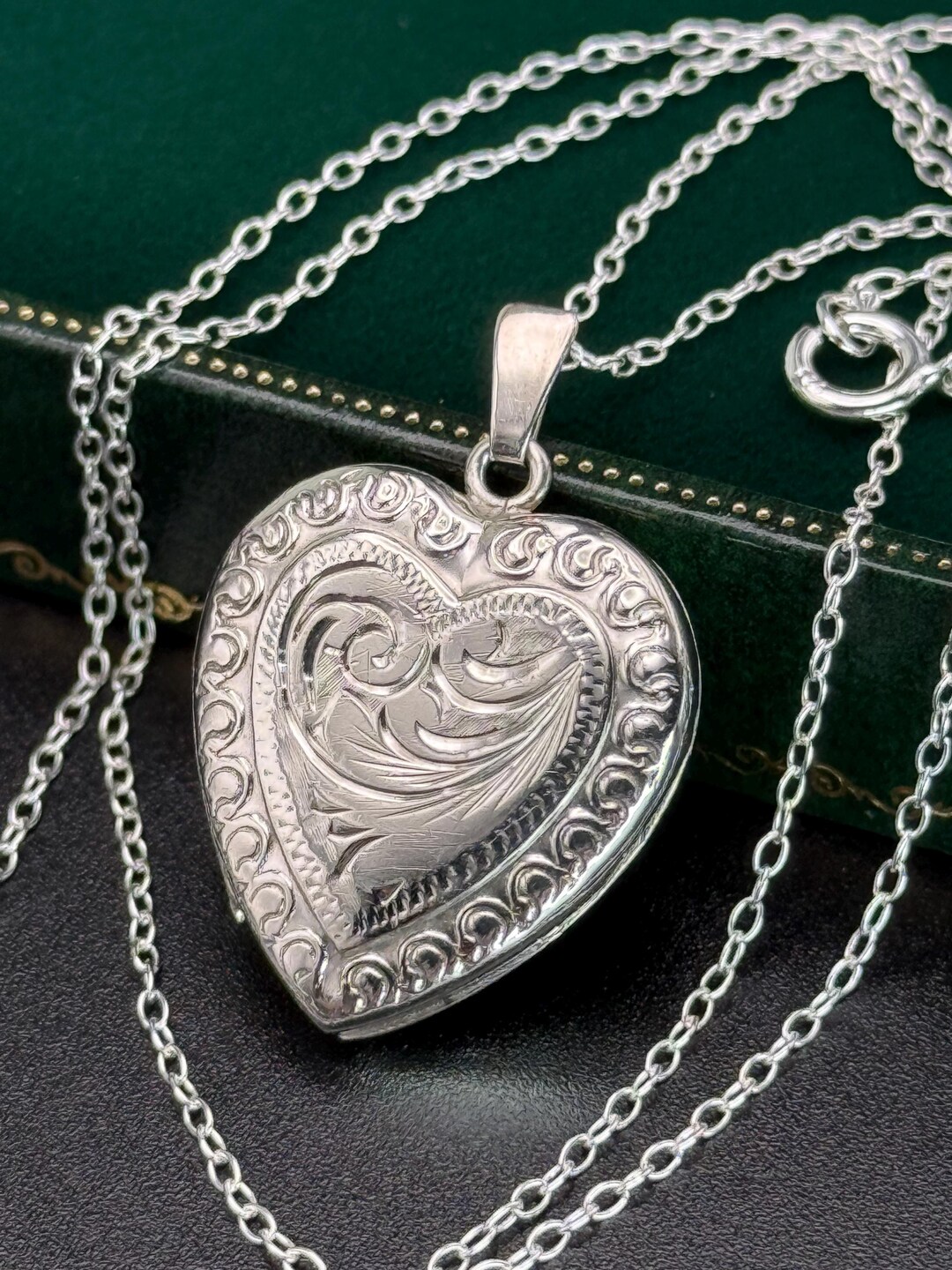 Antique Heart Double Photo Silver Locket With Chain Necklace, Engraved ...