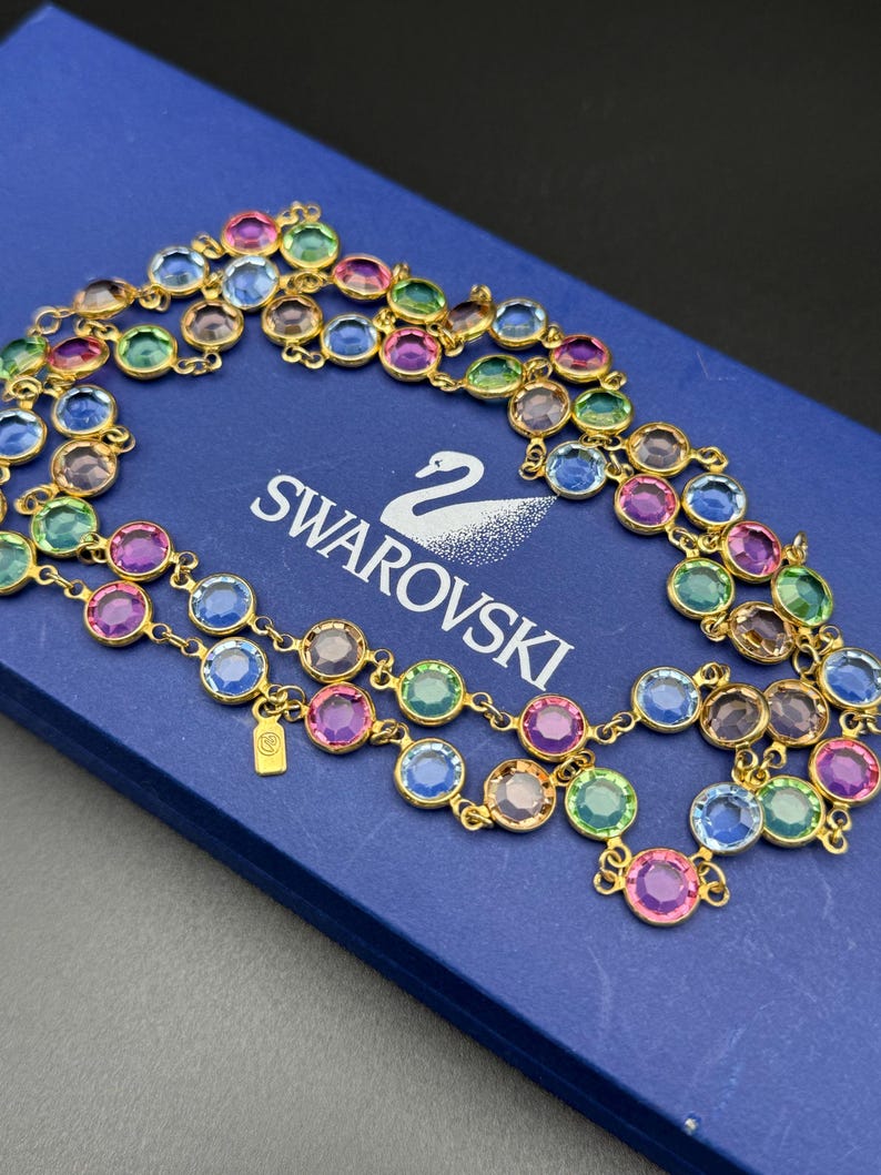 Vintage Swarovski Necklace Gold Tone Multicoloured Bezelled Swan ...