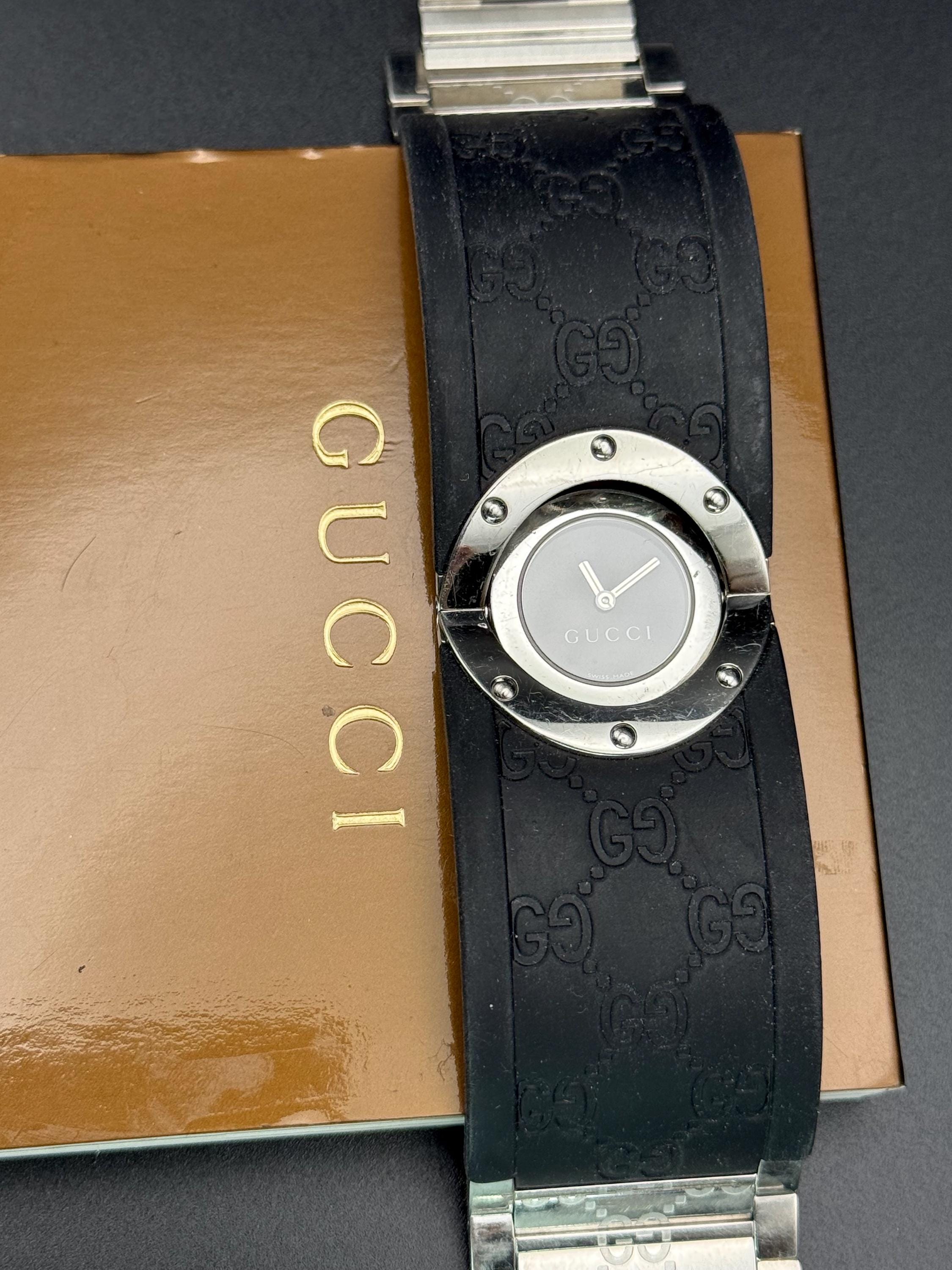Vintage Gucci Ladies Watch, Black Dial, Silver Tone Bangle - Etsy