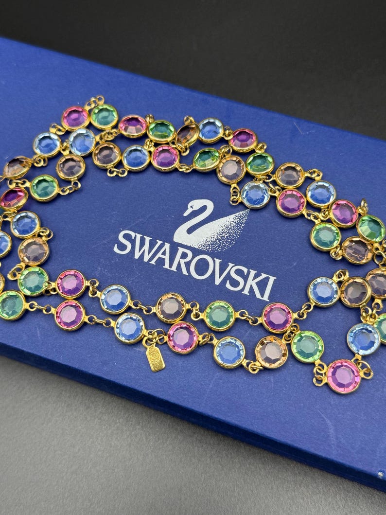 Vintage Swarovski Necklace Gold Tone Multicoloured Bezelled Swan ...