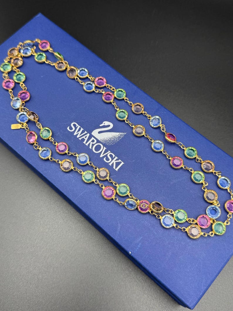 Vintage Swarovski Necklace Gold Tone Multicoloured Bezelled Swan ...